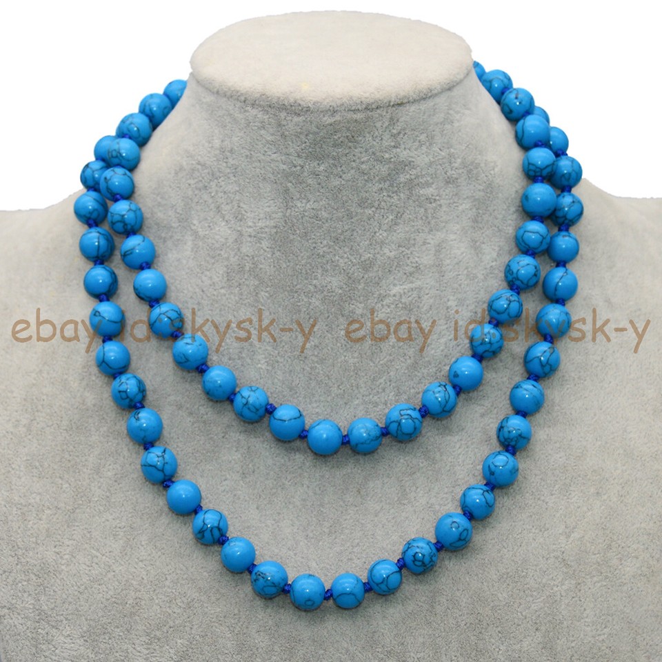 8/10/12mm Natural Blue Turquoise Round Gemstone Beaded Handmade Knotted ...