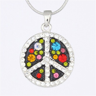 Multi-Color Rhinestone Crystal Peace Sign Circle Pendant Necklace P922 ...