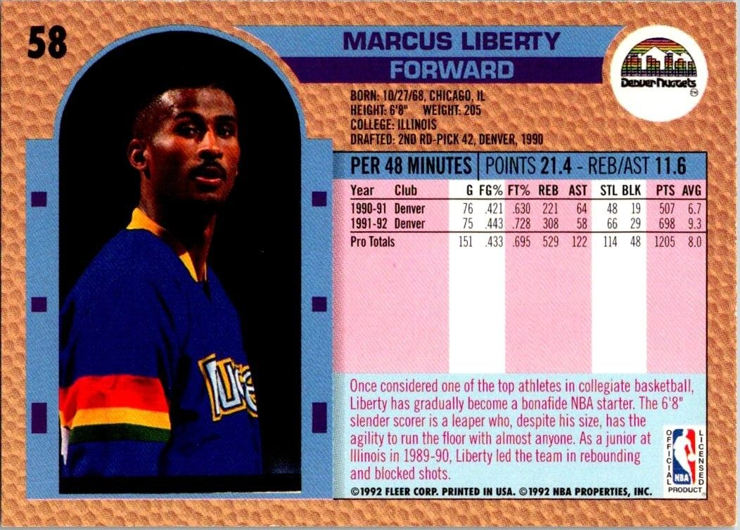 1992-93 Fleer Marcus Liberty #58 Denver Nuggets | eBay