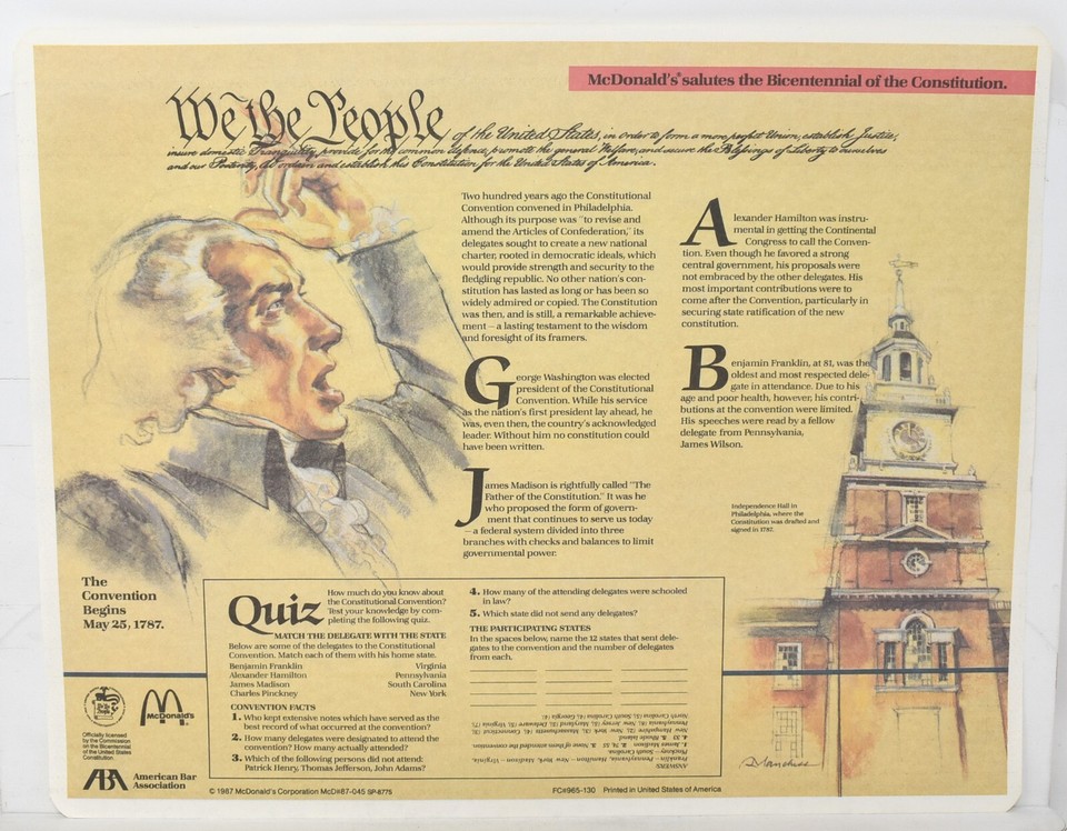 1987 McDonald's We The People Constitution George Washington James ...