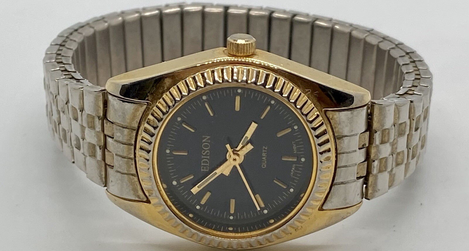 VTG EDISON Ladies Quartz Watch Black Dial Silver/Gold 6” Expansion Band ...
