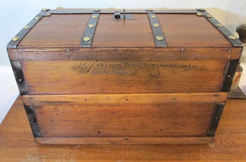 Antique Steamer trunk vintage brass studded stagecoach chest restored C ...