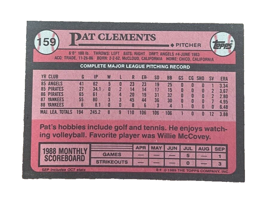 1989 TOPPS Card # 159 Pat Clements - New York Yankees | eBay