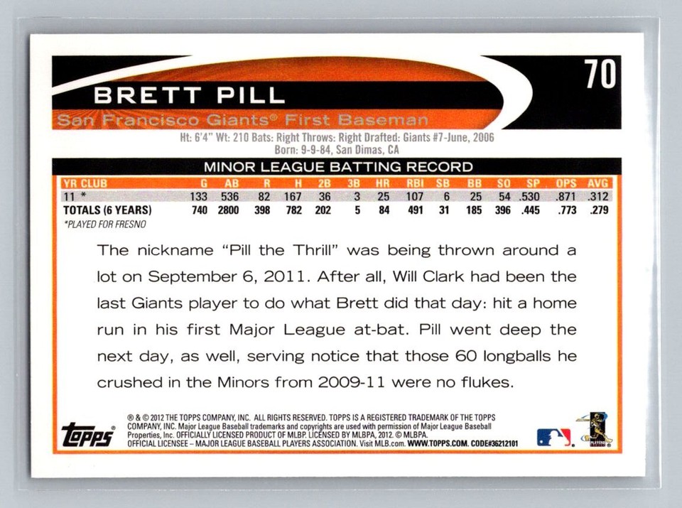2012 Topps #70a Brett Pill Rookie San Francisco Giants | eBay