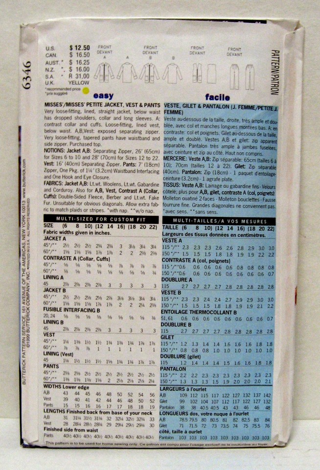 Butterick Misses Petite Jacket,Vest & Pants Size:12-14-16 Pattern# 6346 ...