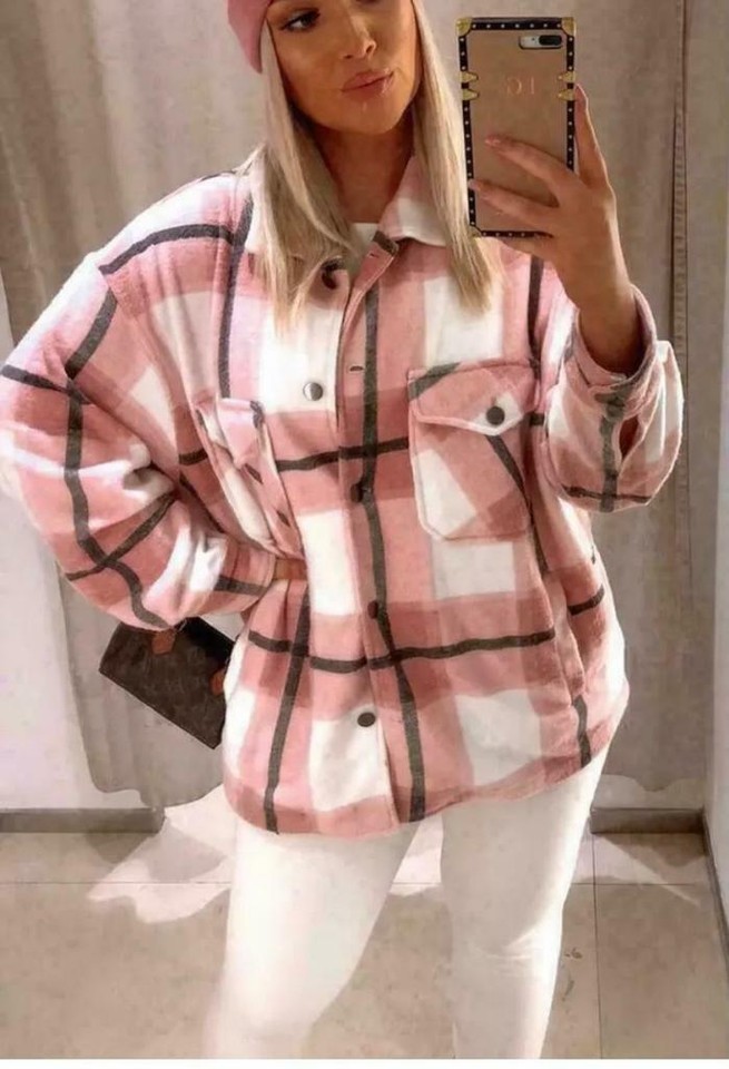 Check Fleece Casual Hooded Women Oversize Jacket Shacket Top Shirt Coat ...