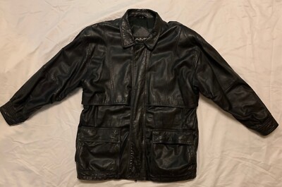 AM2 by Marc Leather Jacket Coat Mens L Black Full Zip Collared Long ...