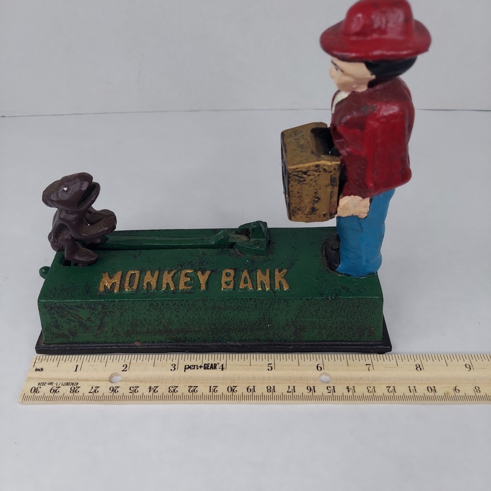 Vtg Reproduction Cast Iron MONKEY BANK Mechanical Coin Bank Works! | eBay