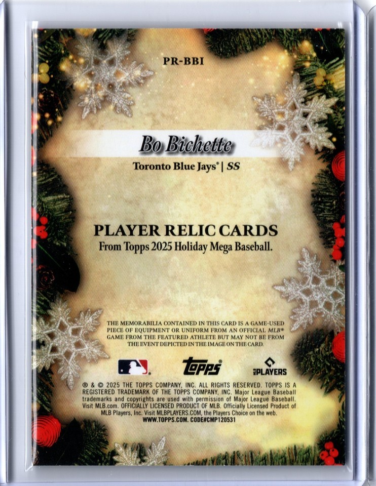 2025 Topps Holiday #PR-BBI Bo Bichette Player Relic Game-Used Bat Blue ...