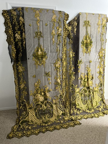 Antique French Lace Curtain Panels Lace Net Decoupage Hand Embroidery ...