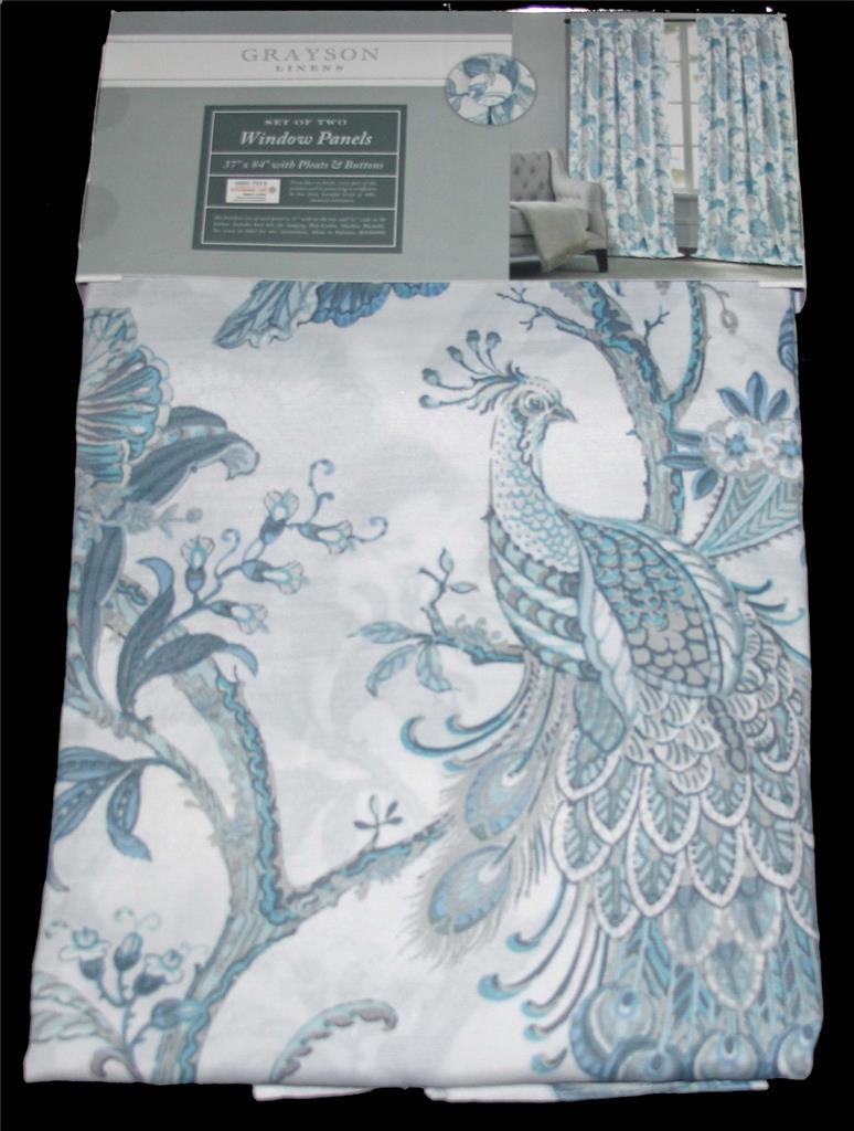 2 Aqua Grey Grayson Pleats Buttons Peacock Floral Curtain Panels 37" ea ...