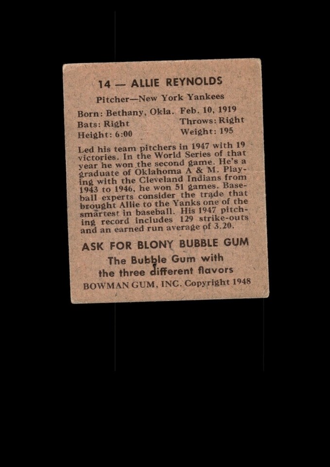 1948 Bowman Set-Break # 14 Allie Reynolds RC VG-VGEX *GMCARDS* | eBay