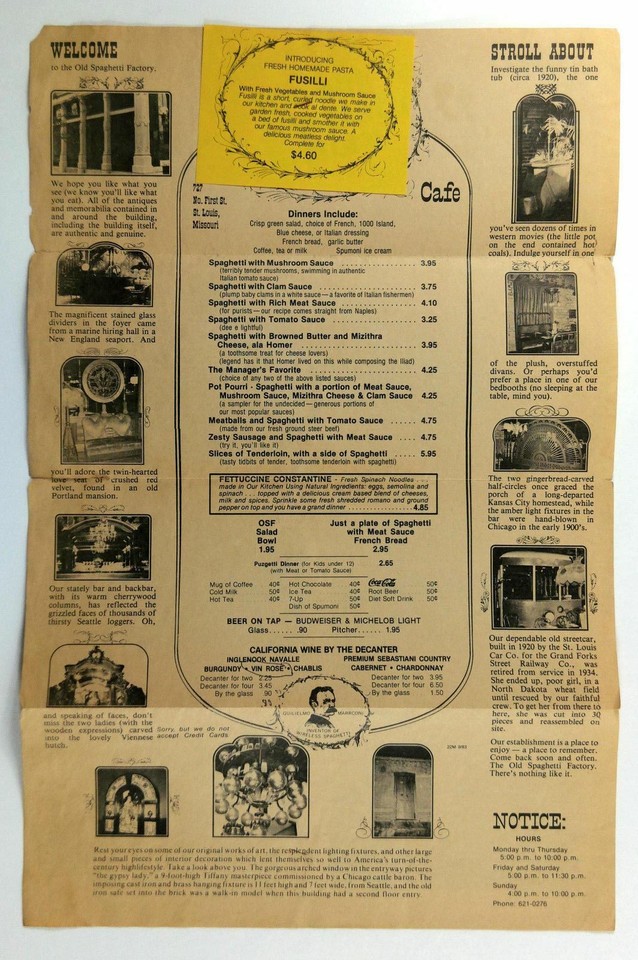 1990's Vintage Menu OLD SPAGHETTI FACTORY Restaurant St. Louis Missouri ...