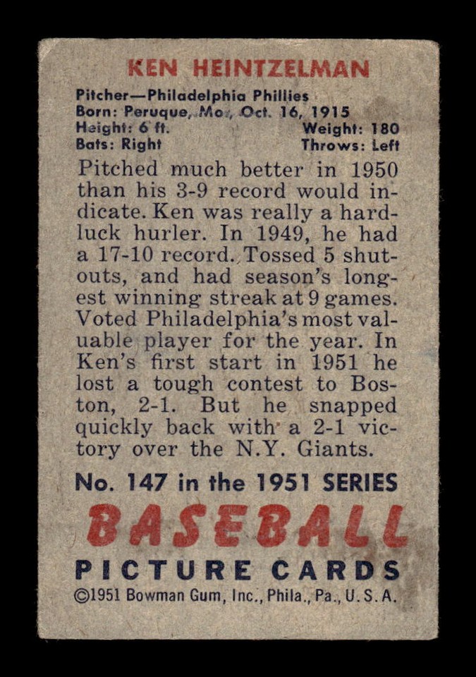 1951 Bowman Baseball #147 Ken Heintzelman VG WRINKLE Philadelphia ...