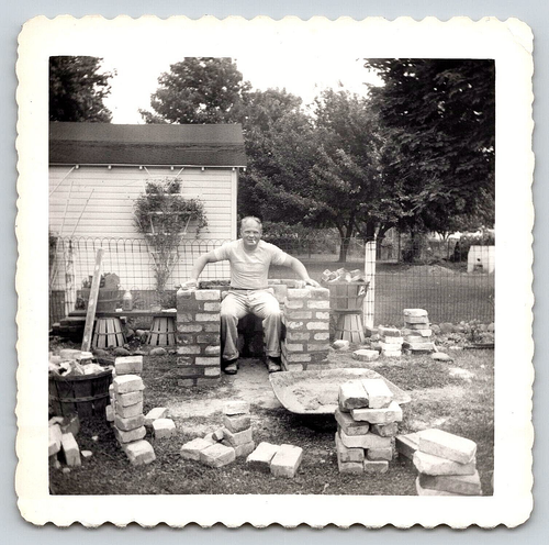 VINTAGE OLD ANTIQUE PICTURE OUTDOOR PHOTO IMAGE MAN BUILDING STONE WALL ...