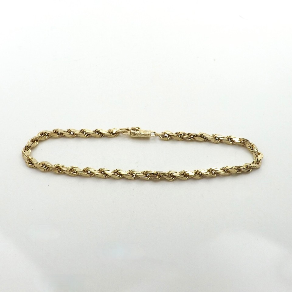 14k Gold Rope Link Bracelet Diamond Cut 4mm Long Mens Hollow Unisex ...