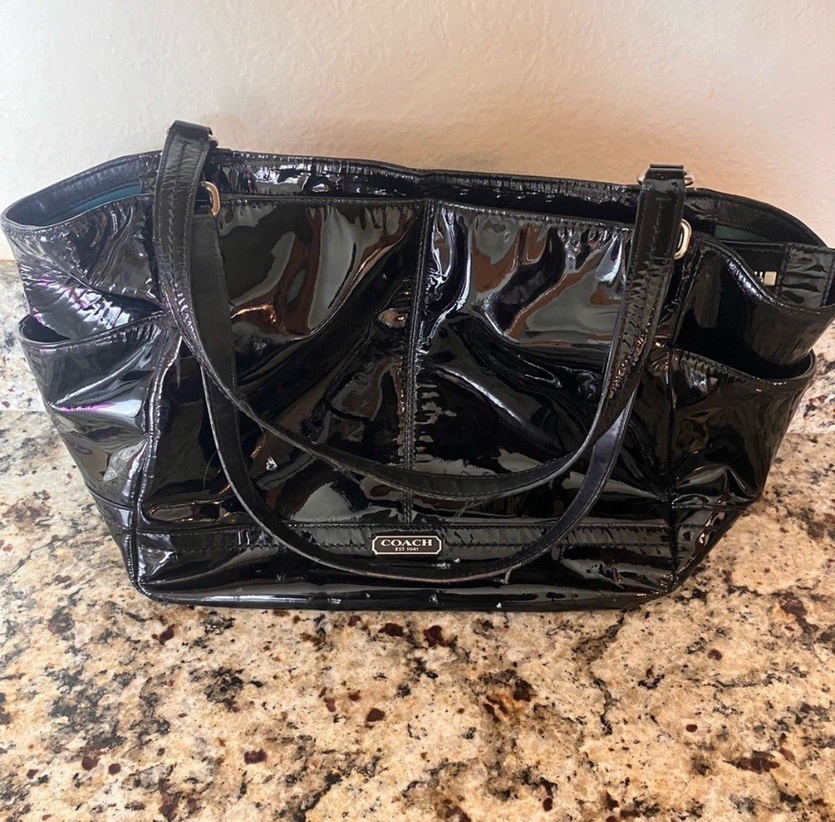 Coach Carrie Park Signature Patent Leather Tote Black - Gem