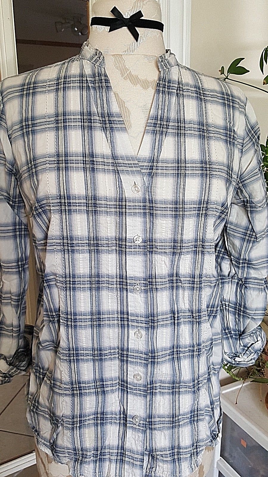 Merona Color Minimalism sz S Plaid Blouse Button Ruche Back White Blue ...