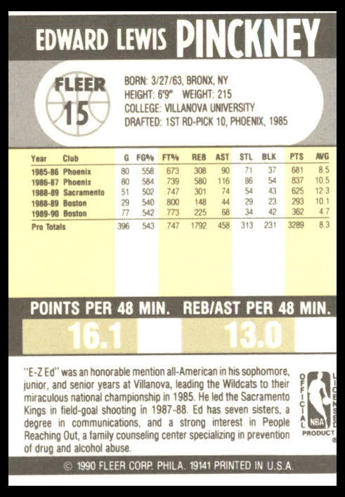 1990 Fleer #15 Ed Pinckney Boston Celtics Basketball Card | eBay