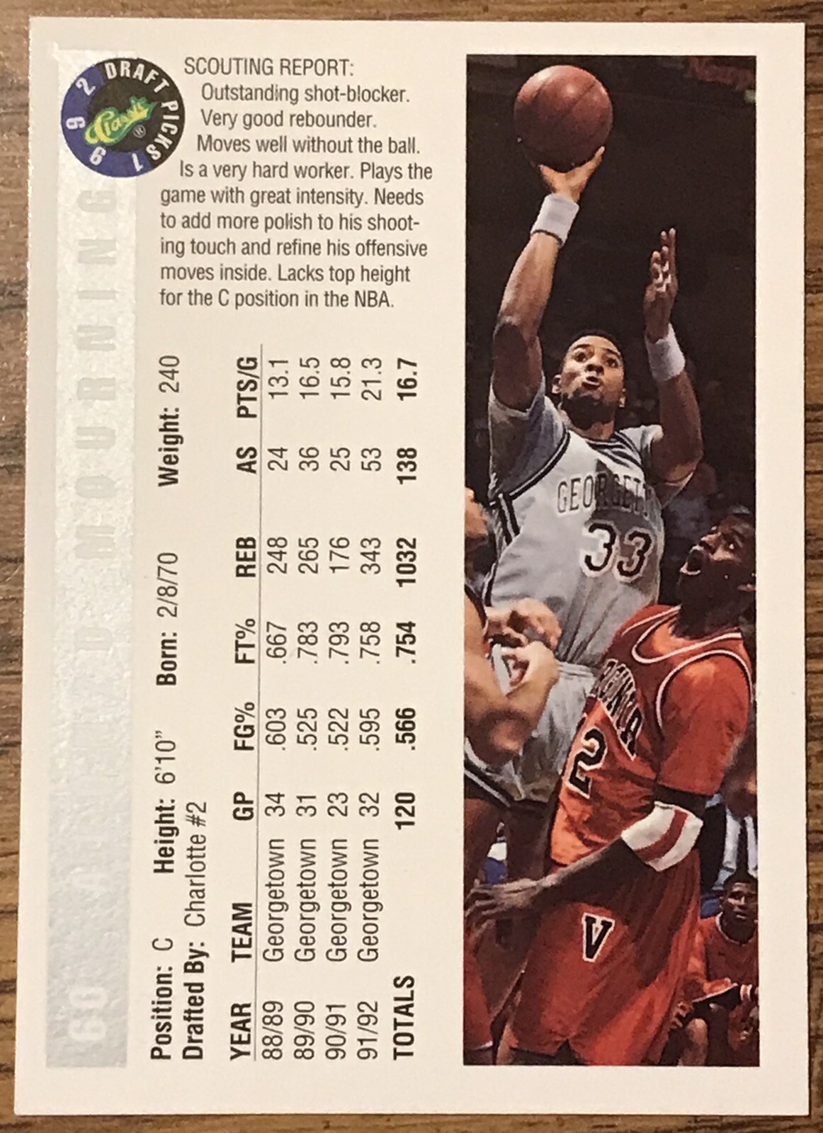 Alonzo Mourning 1992 Classic Draft Picks Rookie Card #60 NBA HOF RC ...