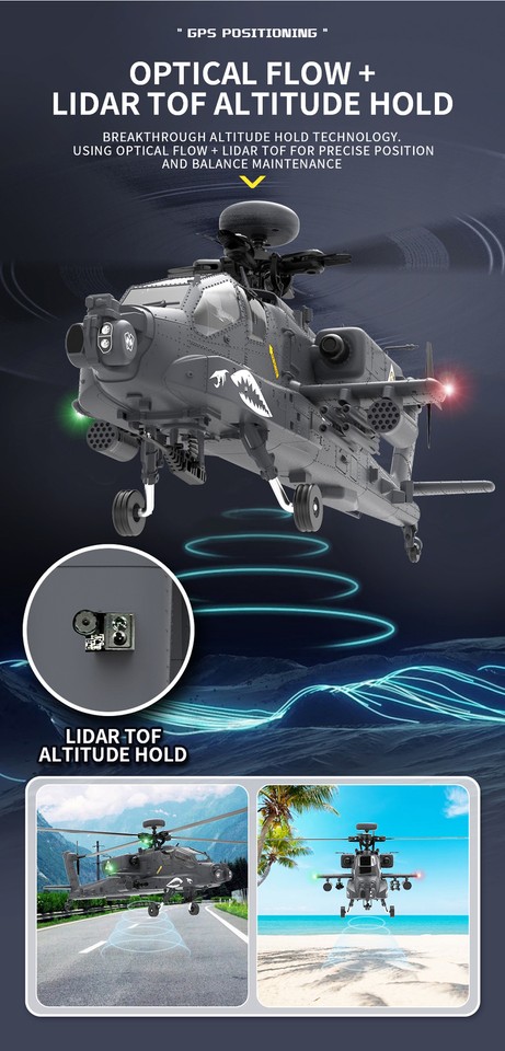 YXZNRC F11S AH-64D Apache 2.4G 6-Axis Gyro 9CH GPS Optical Flow RC ...