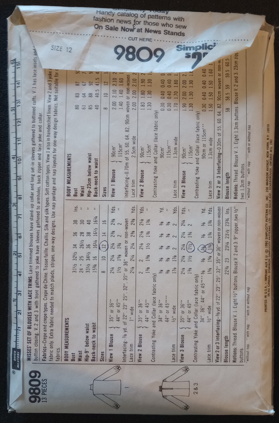 Simplicity 9809 Misses Size 12 Lace Inset Blouse Pattern 1980s | eBay