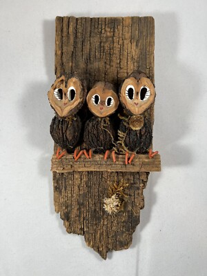 Handmade Wall Hanging Three Walnut Shell Owls on Wood Plaque 8.5" Tall ...