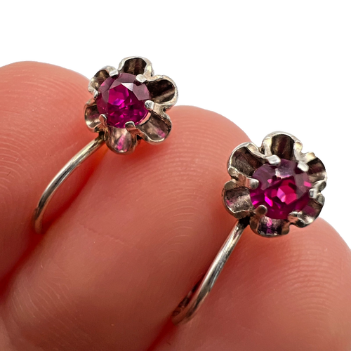 Vintage Soviet 875 Silver Ruby Stone Flower Drop Earrings USSR Retro ...