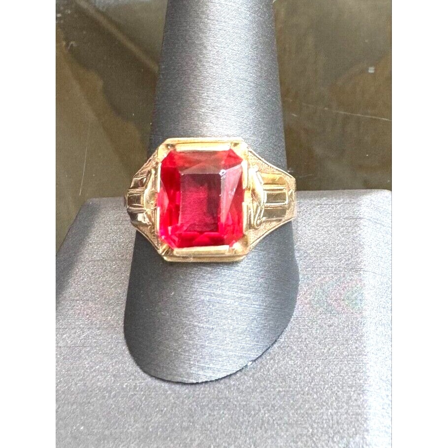 MENS ART DECO YELLOW GOLD AND LAB-CREATED RUBY SIGNET RING SIZE 10.25 ...
