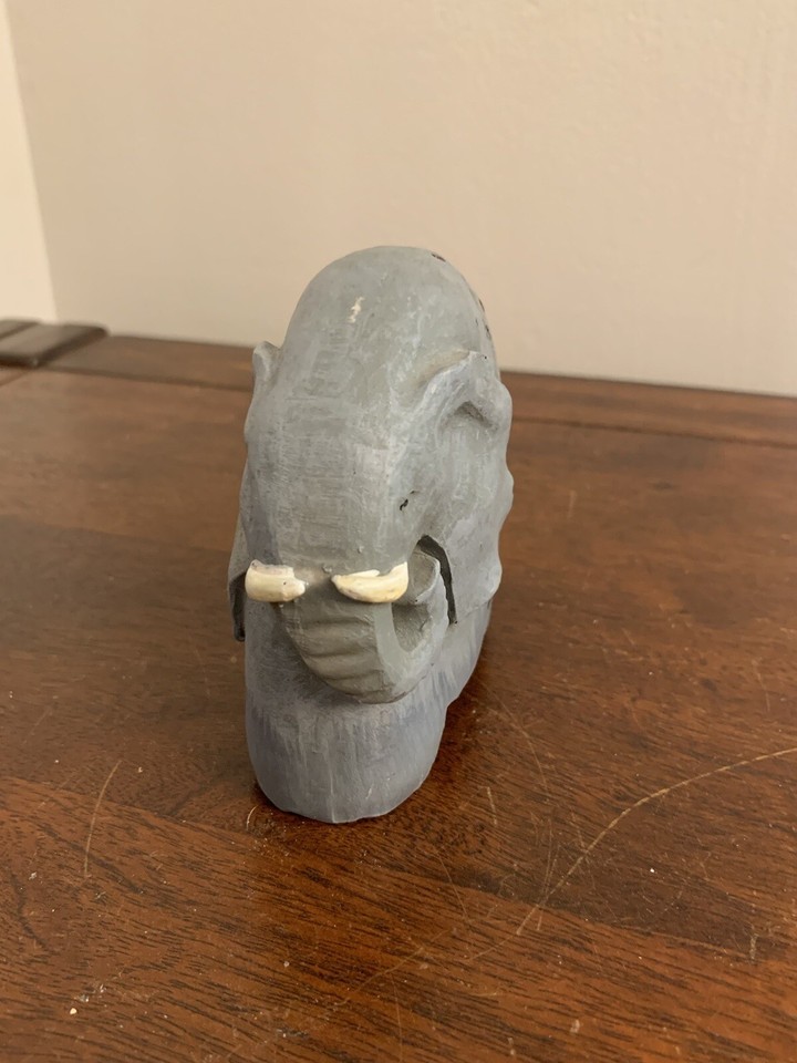 Wood-Look Carved Gray/Blue Elephant Stylized Abstract Design Trunk Down ...