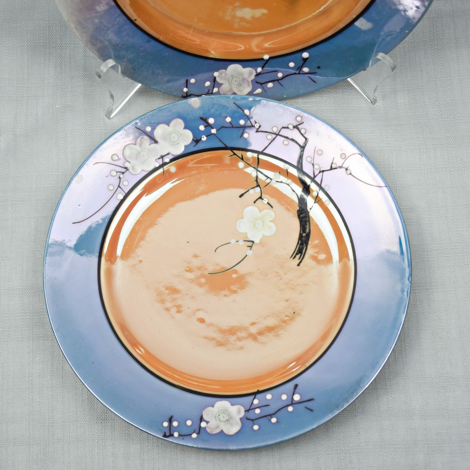3 - Takito LUSTERWARE Salad Plates 7 1/4" Diam, Japan, Blue Rim, Orange ...