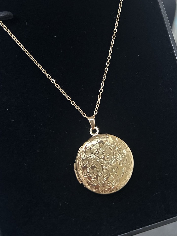 18K Gold Filled Large Round Opening Locket Pendant On 20'' Chain Flower ...