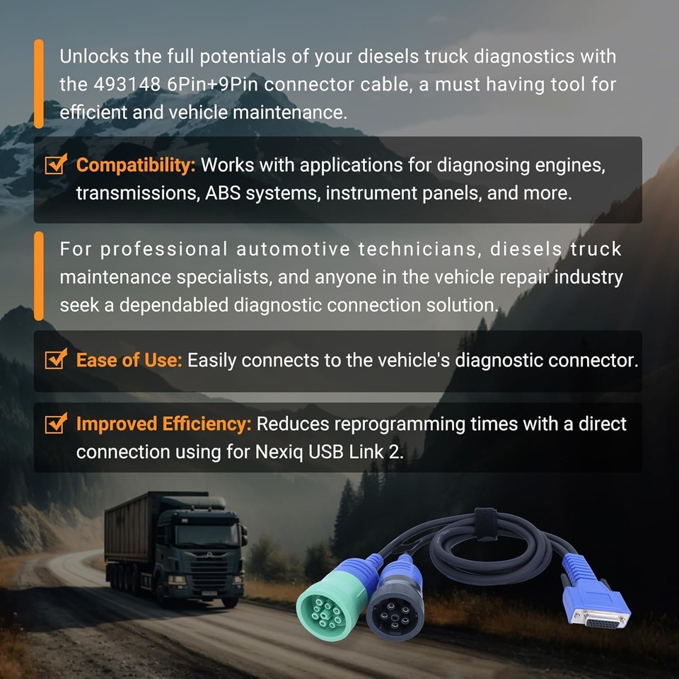 DB26 Nexiq 493148 Diagnostic Cable 6/9-Pin Cummins Adapter for Trucks ...