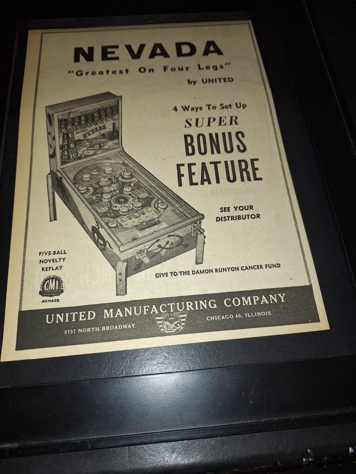 United Manufacturing Company Nevada Pinball Rare Original Promo Poster ...