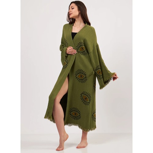 Turkish Cotton Evil Eye Kimono Robe, Beachwear, Bathrobe, Boho, Olive ...