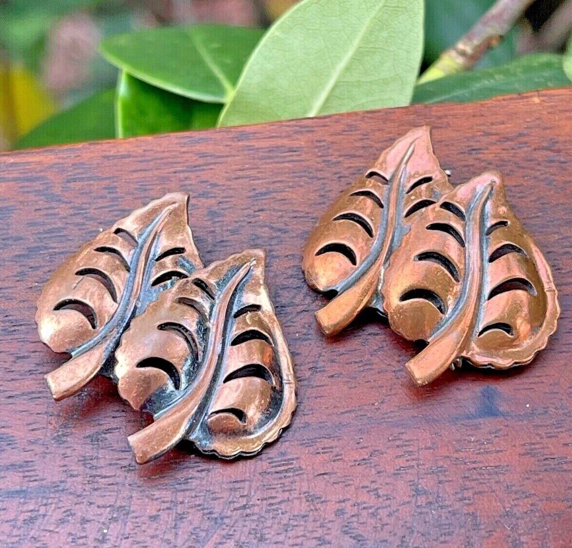 Copper Pins Mid Century Modern Twin Leaf Pins - Gem