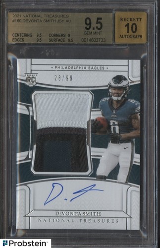 2021 National Treasures Devonta Smith RC 4-Color Patch /99 BGS 9.5 w ...