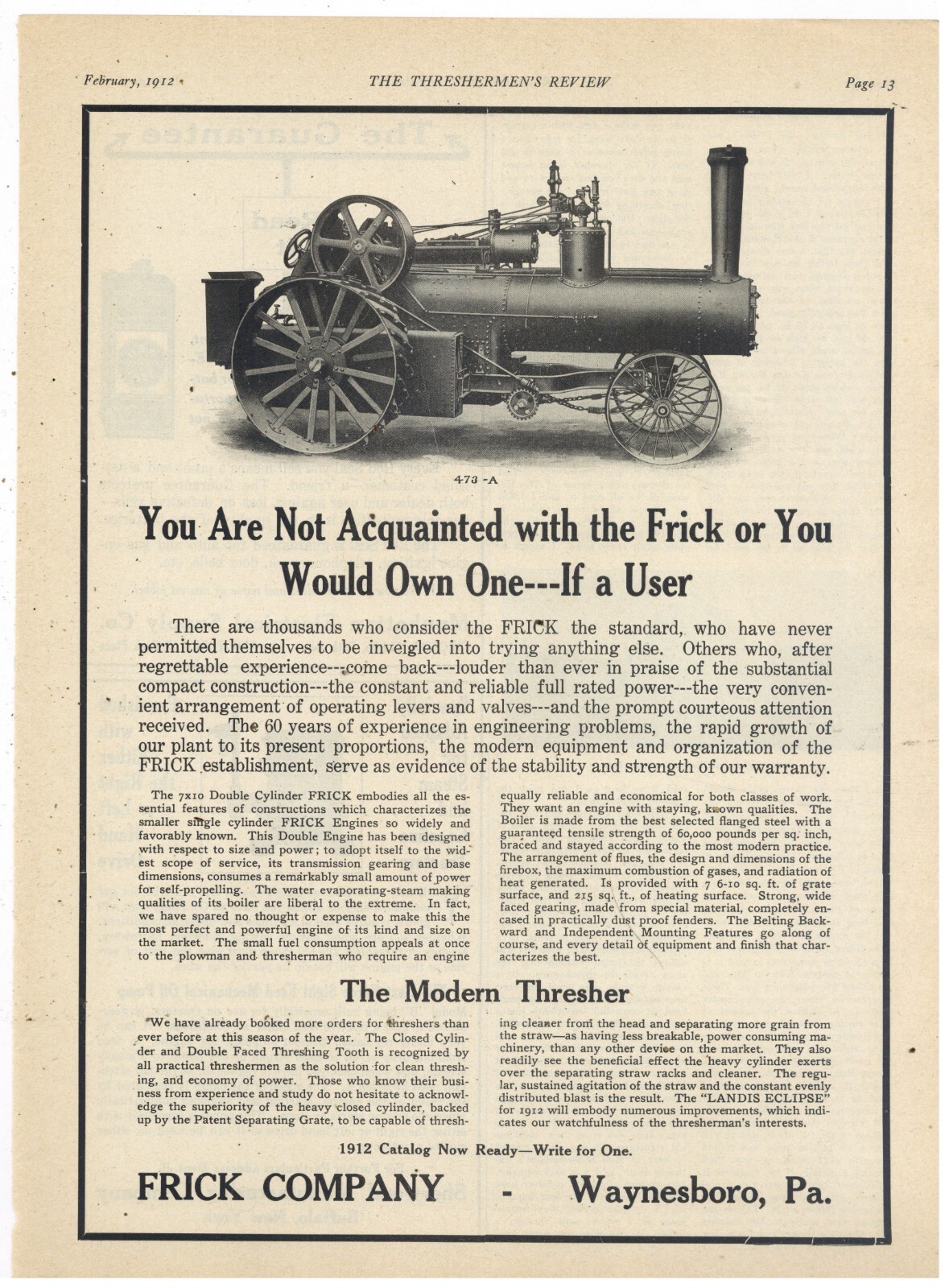 1912 Frick Co. Ad: 7x10 Double Cylinder Traction Engine - Waynesboro ...