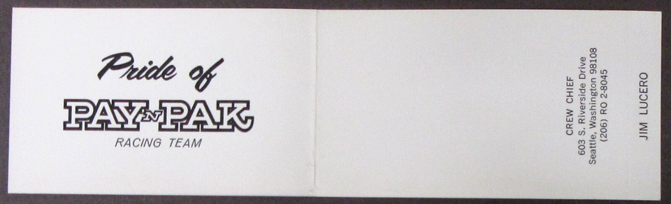 1971 JIM LUCERO PAY 'N PAK Business Card Hydroplane boat racing b3 | eBay