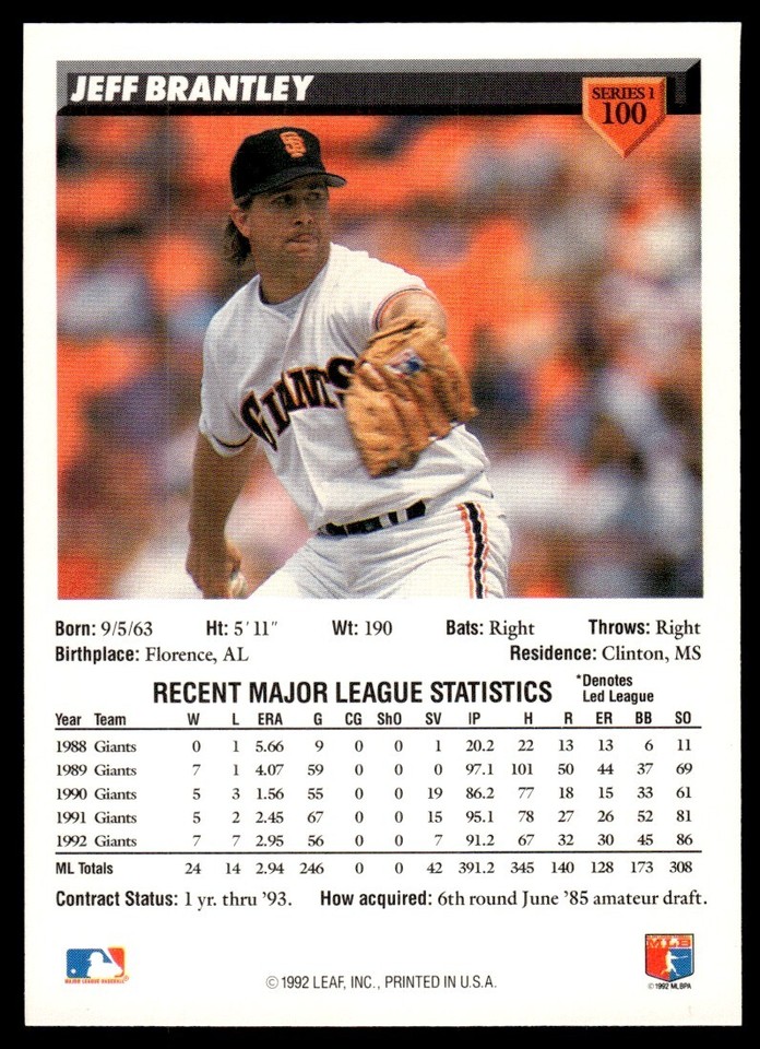 1993 Donruss Baseball Card Jeff Brantley San Francisco Giants #100 | eBay
