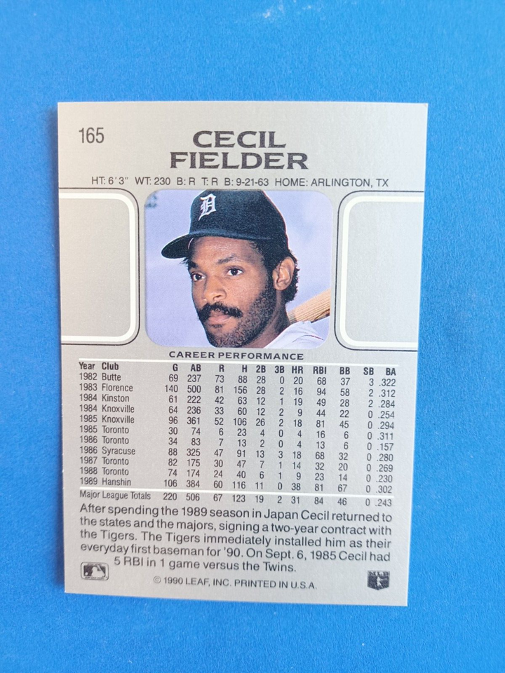 1990 LEAF CECIL FIELDER #165 BASE CARD DETROIT TIGERS NEAR MINT/MINT | eBay