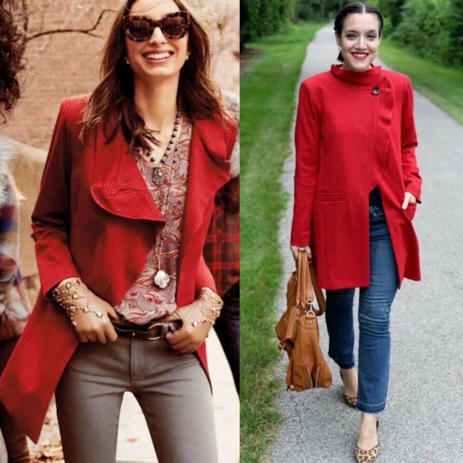 Cabi Red Celebration Jacket 3546 Houndstooth Long Ruffled Coat Button ...