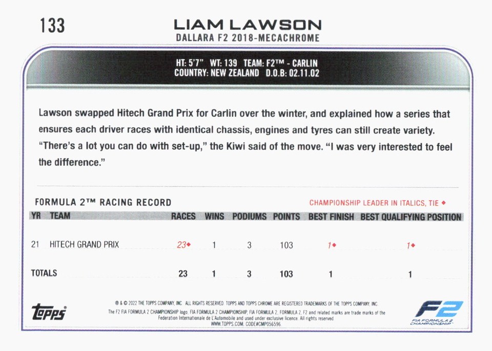 2022 Topps Formula 1 #133 Liam Lawson - F2 Cars (C2) | eBay