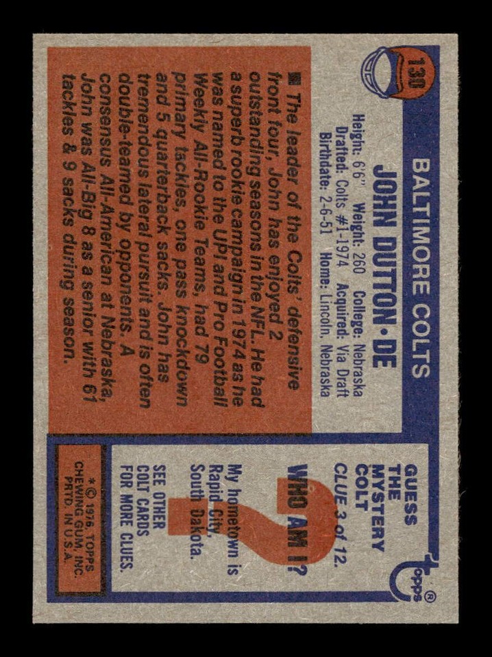 1976 Topps #130 John Dutton Baltimore Colts EX-MT Football Card *E665 ...