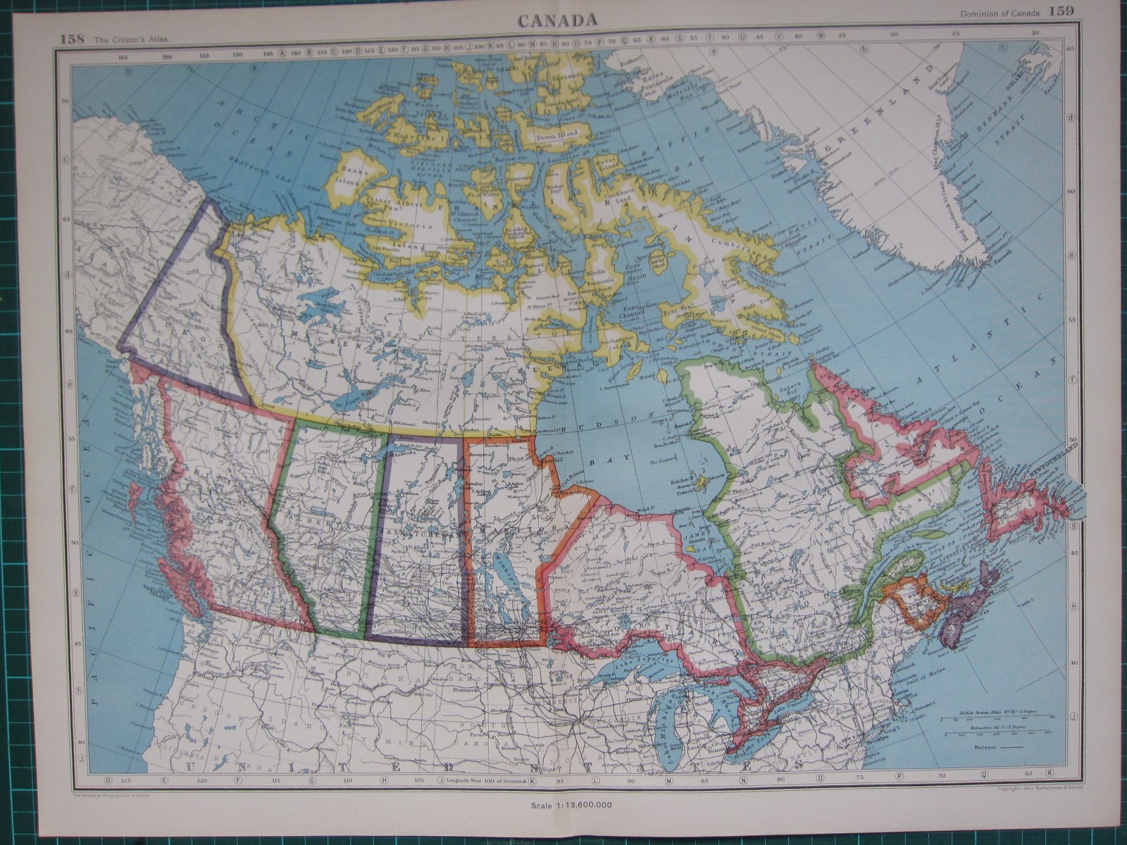 Mapa Grande 1952 ~ Canadá Columbia Británica Alberta Manitoba Terranova ...