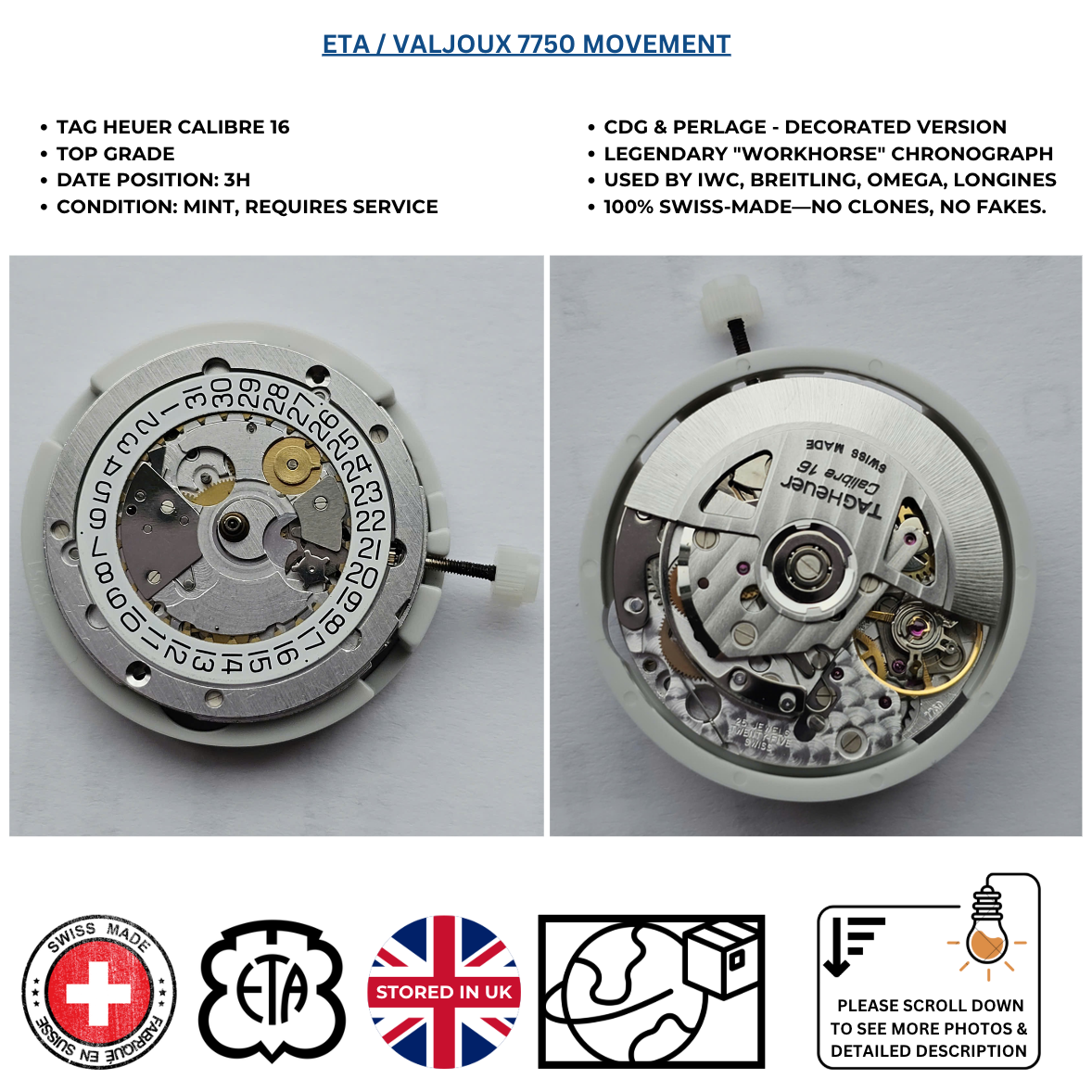 TOP GRADE ETA 7750 - TAG HEUER CALIBRE 16 - GENUINE VALJOUX CHRONOGRAPH ...