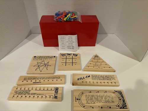 Vtg Style Wooden Peg Games -Includes 7 boards and Games w/Pegs and Dice ...