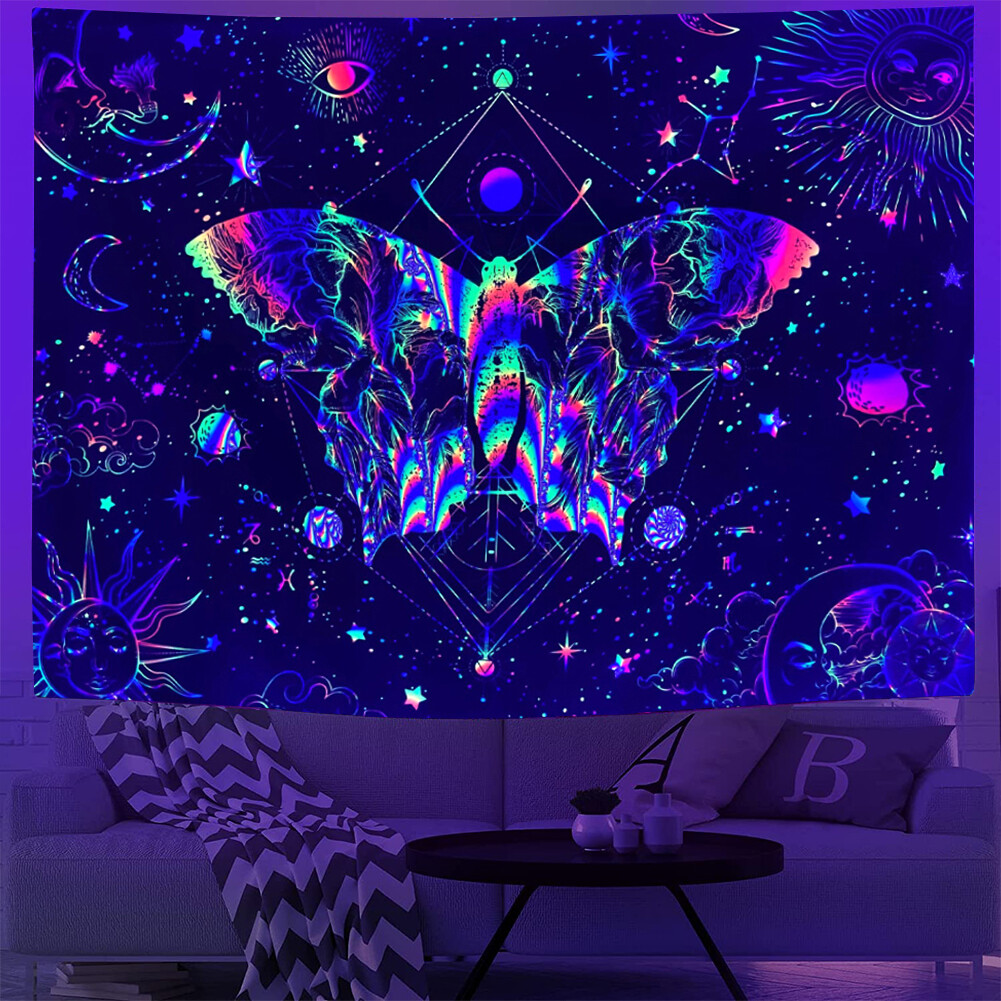 Butterfly Sun Moon Astrology Fluorescent Tapestry Wall Hanging Decor ...