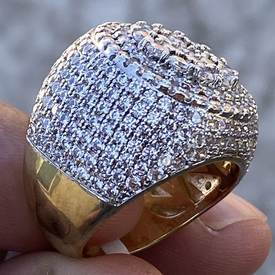 Men's Huge Flower Cluster Ring Simulated CZ Gold Plated Two Tone Iced ...