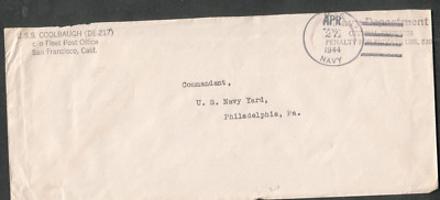 1944 WWII cover USS Coolbaugh DE 217 Solomons to US Navy Yard ...